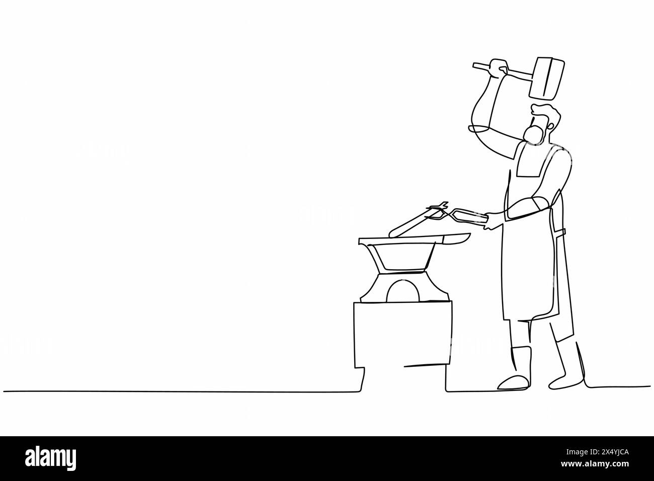 Continuous one line drawing bearded blacksmith in apron forging blade ...