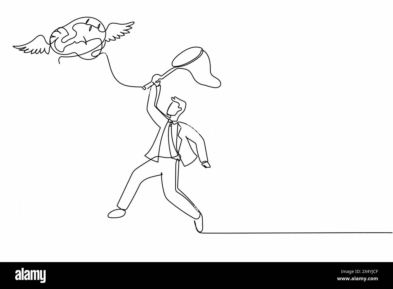 Single continuous line drawing businessman try to catching flying brain ...