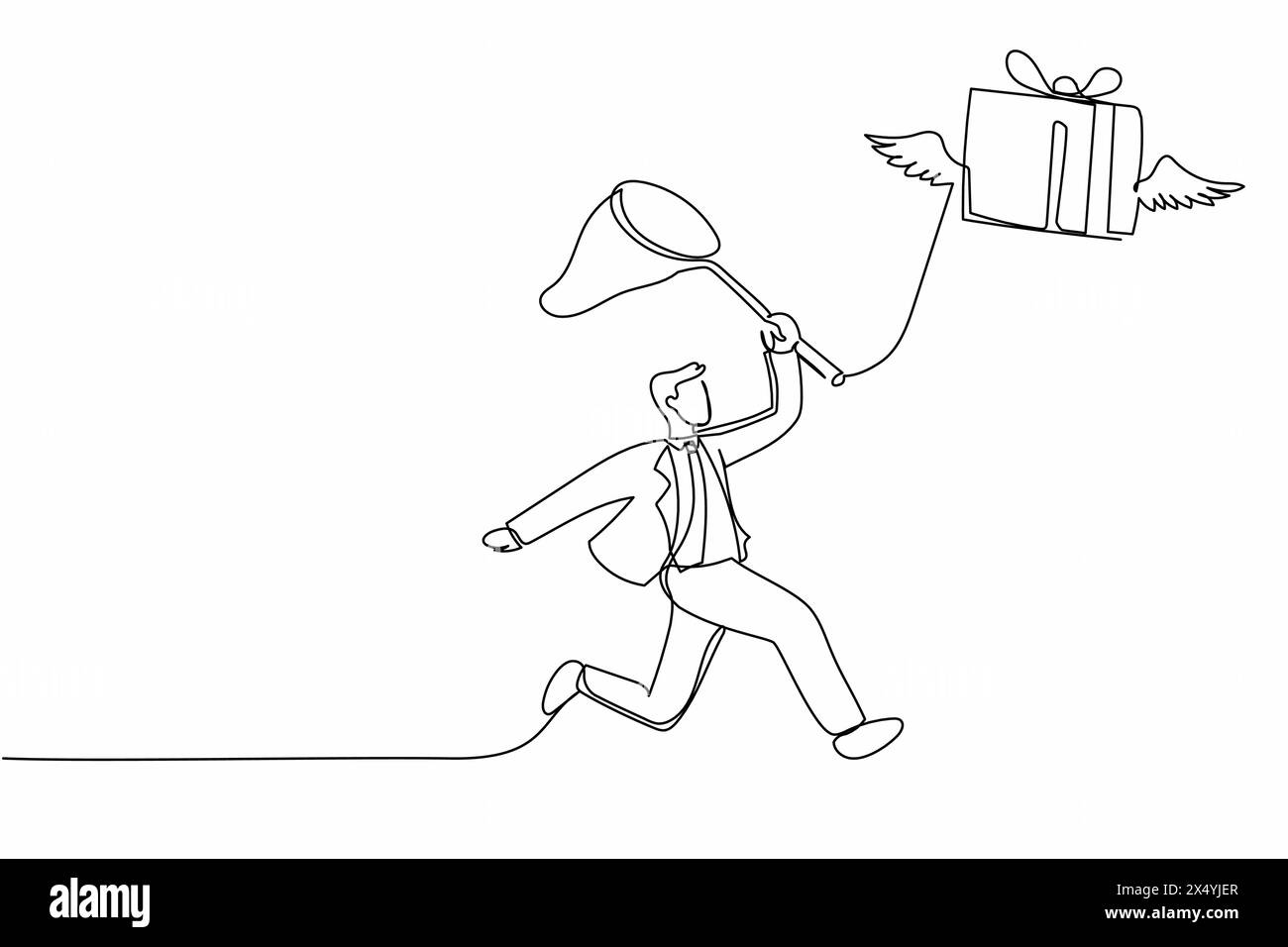 Single continuous line drawing businessman try to catching flying gift ...