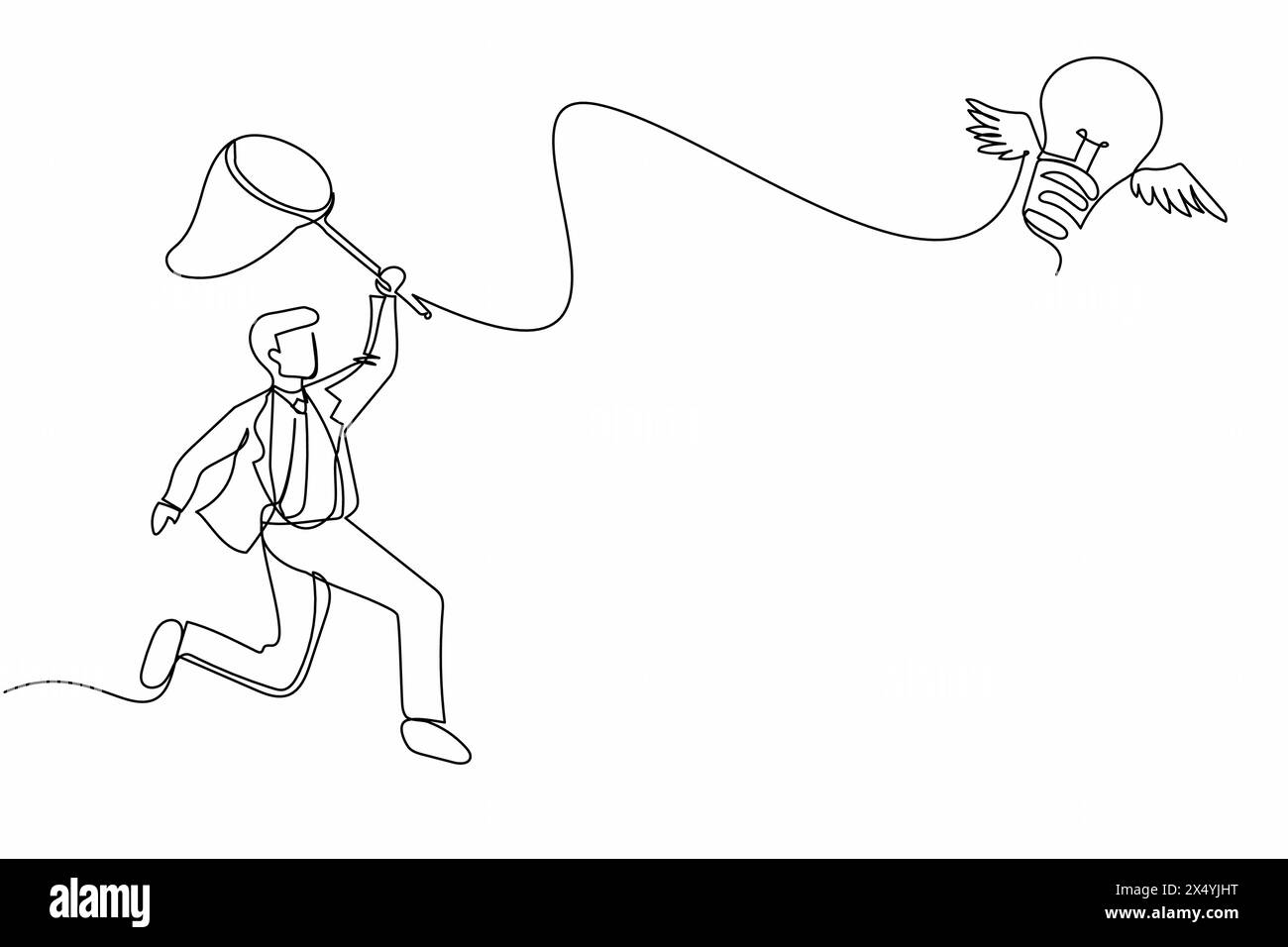 Continuous one line drawing businessman try to catching flying light ...