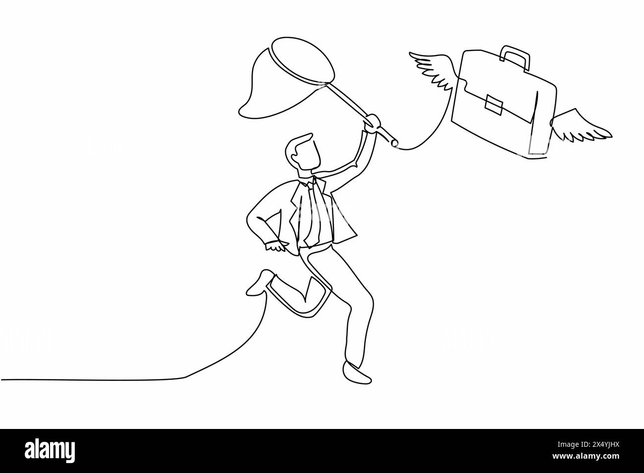 Continuous one line drawing businessman try to catching flying ...