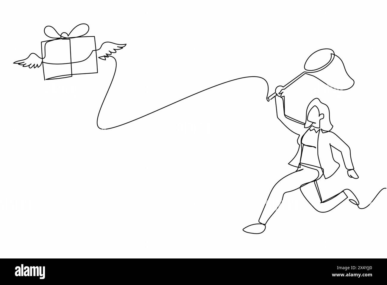 Single continuous line drawing businesswoman try to catching flying ...