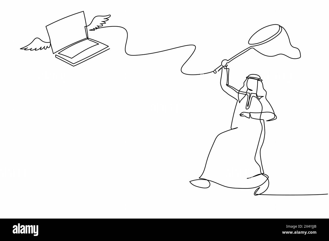 Single one line drawing Arabian businessman try to catching flying ...