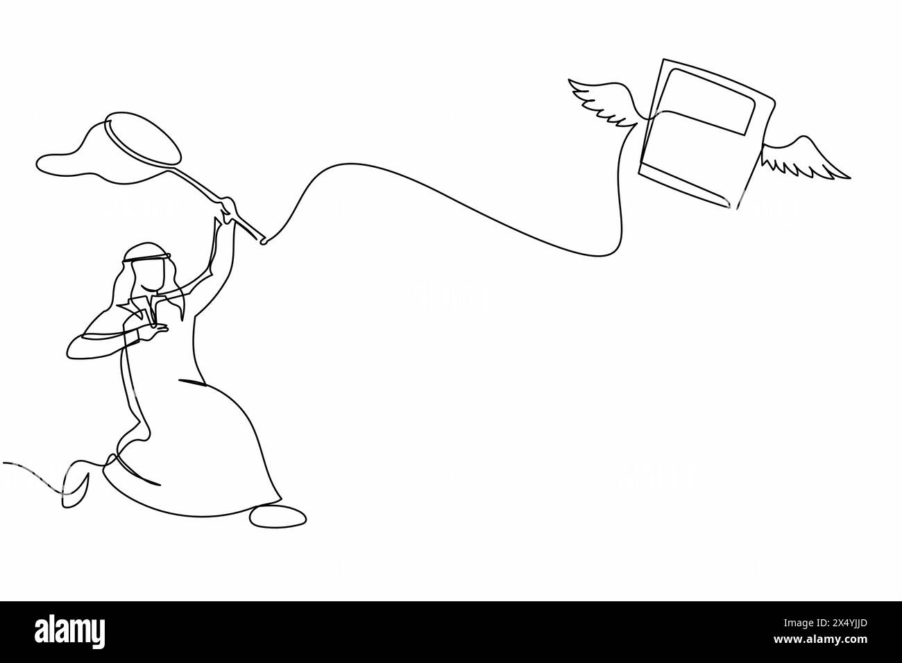 Single continuous line drawing Arabian businessman try to catching ...