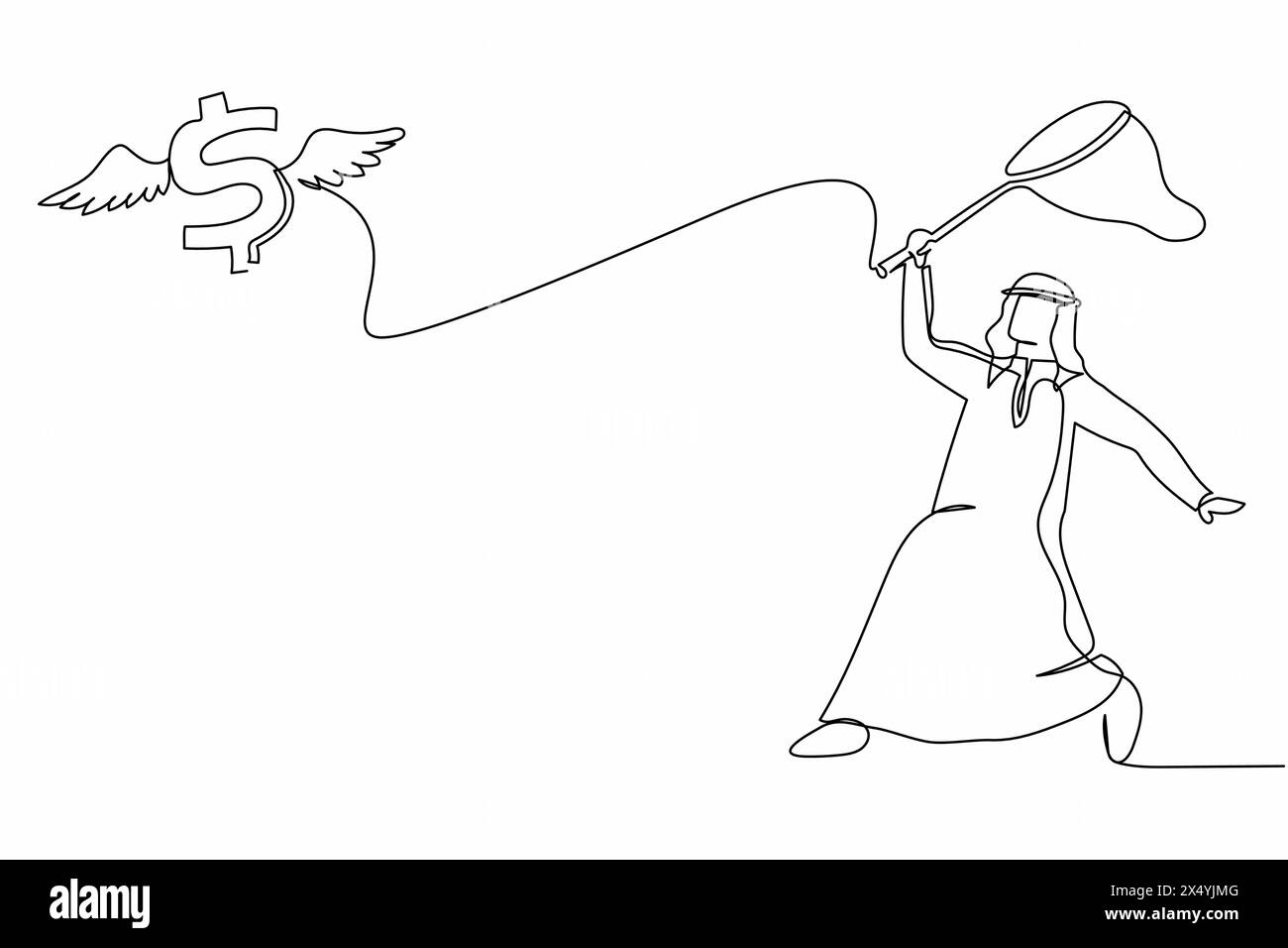 Continuous one line drawing Arab businessman try to catching flying ...