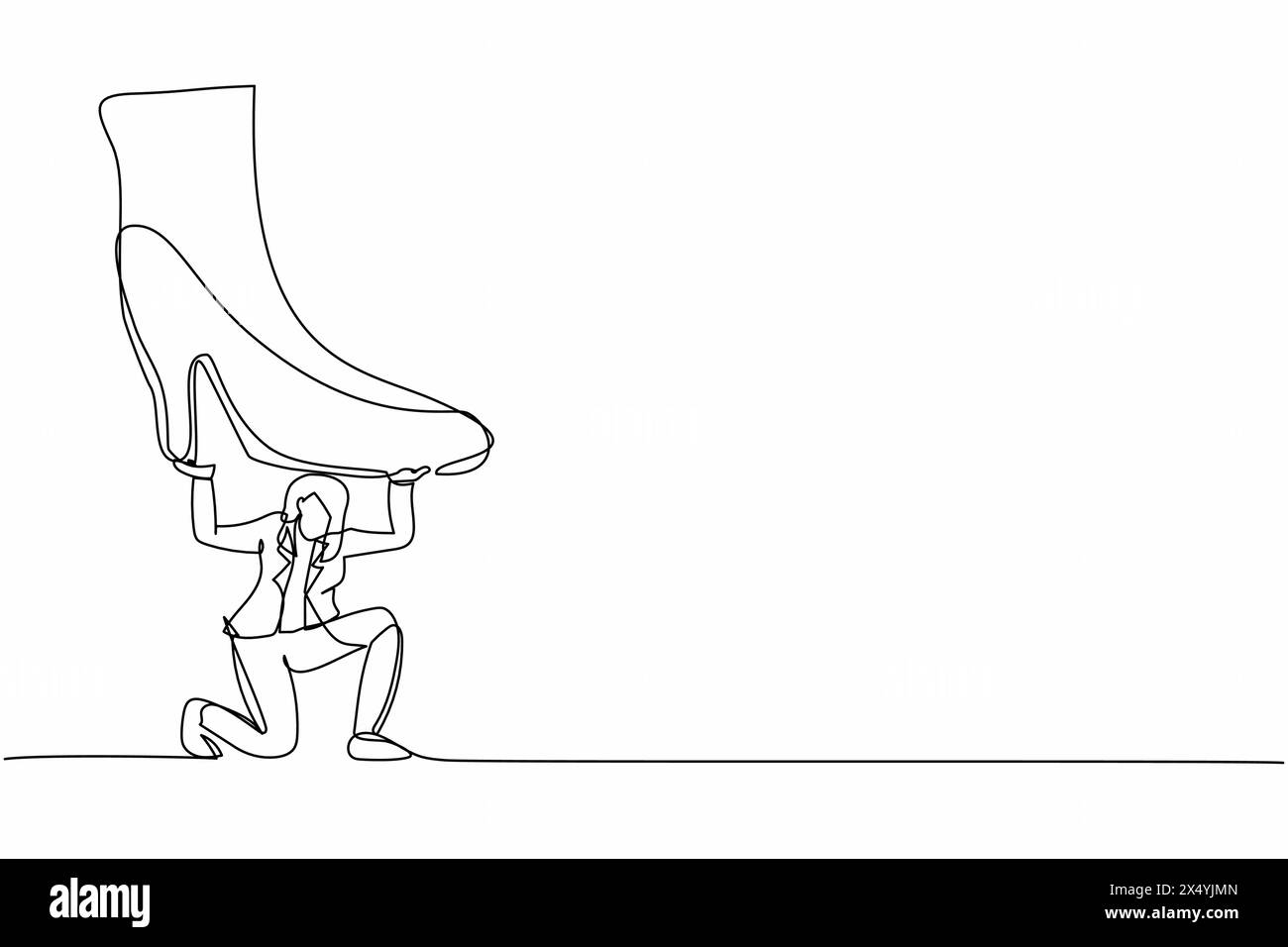 Single one line drawing businesswoman under giant foot stomping ...