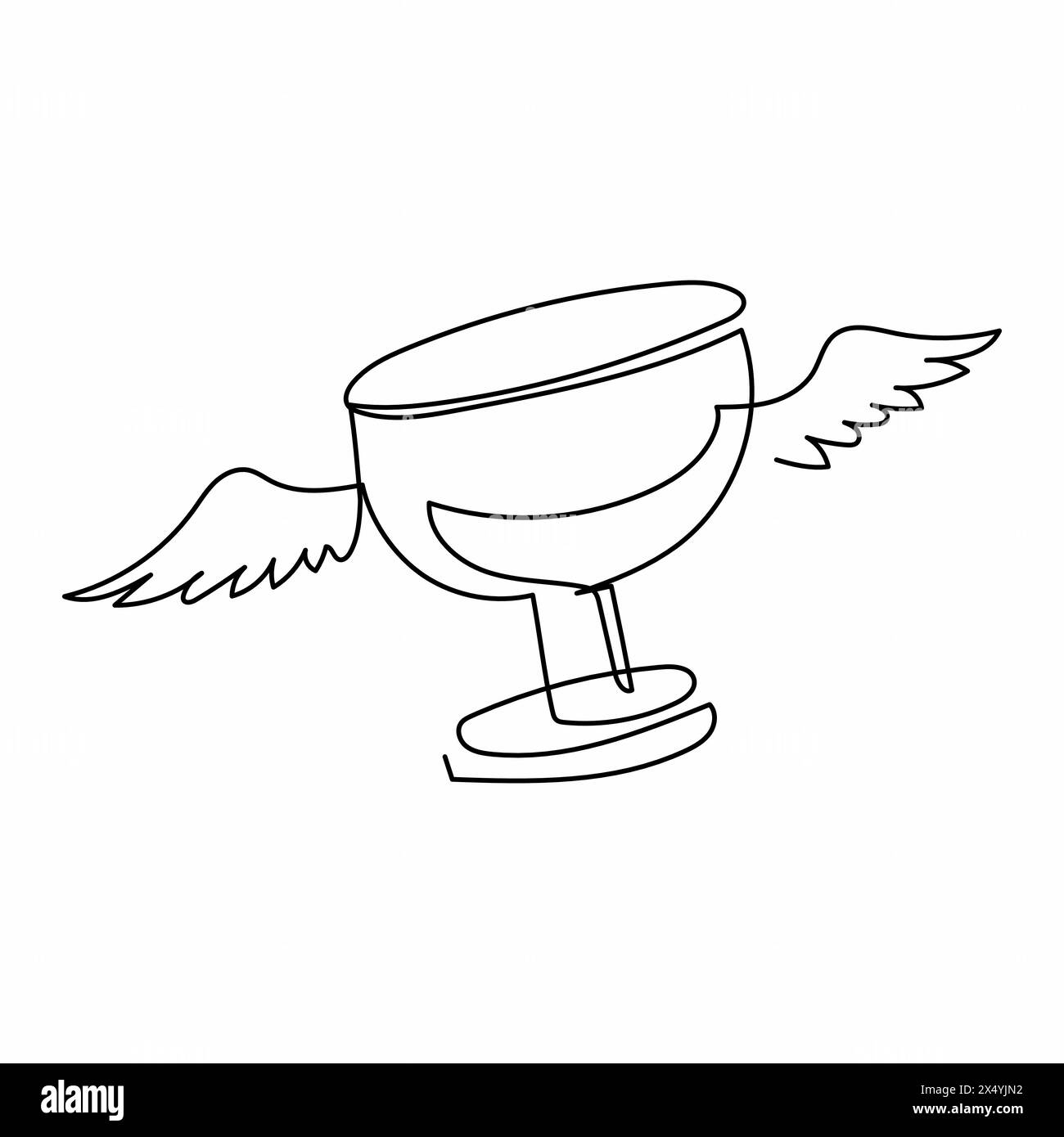 Single one line drawing flying trophy cup with wings. Victory and ...