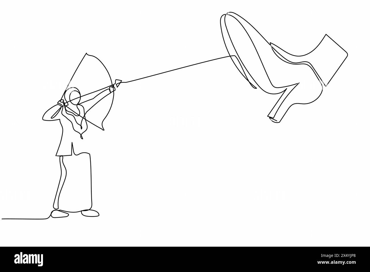 Single continuous line drawing active Arab businesswoman aiming bow ...