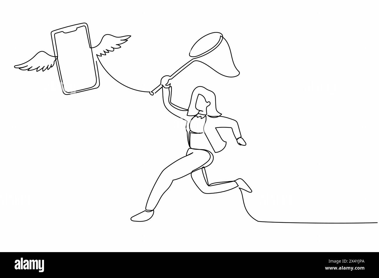Continuous one line drawing businesswoman try to catch flying ...