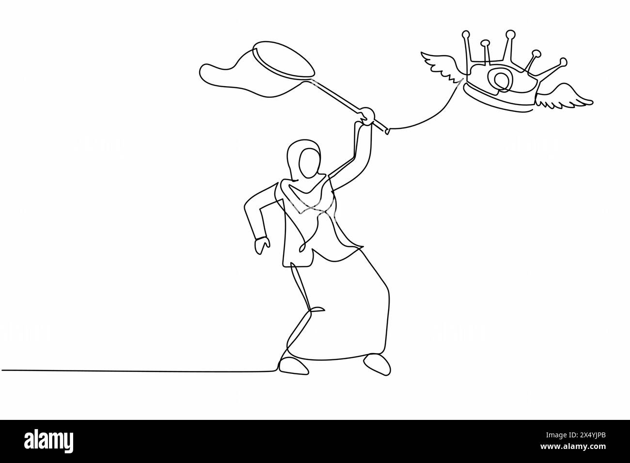 Single continuous line drawing beauty Arabian businesswoman try to ...