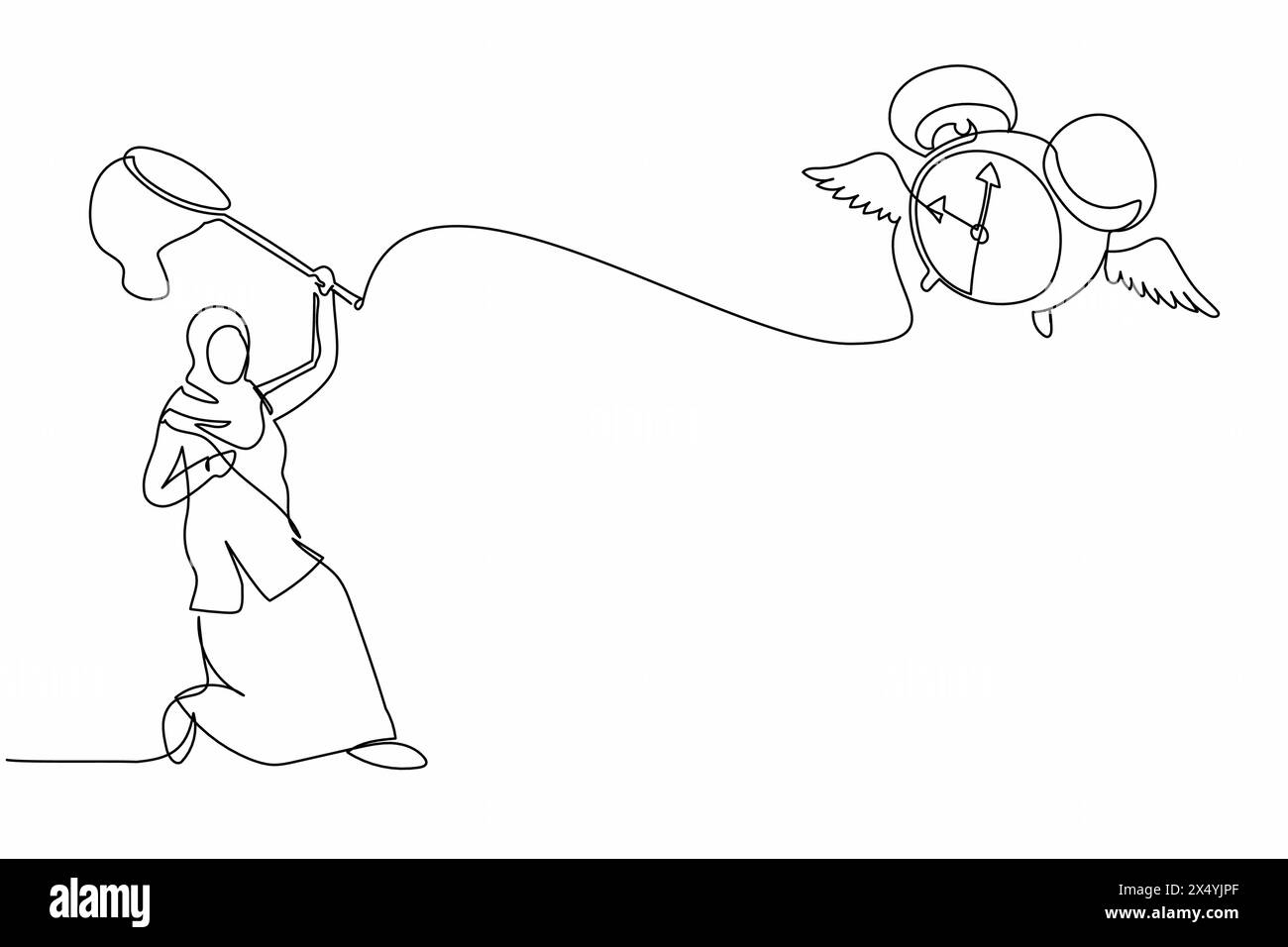 Single one line drawing Arab businesswoman try to catching flying alarm ...