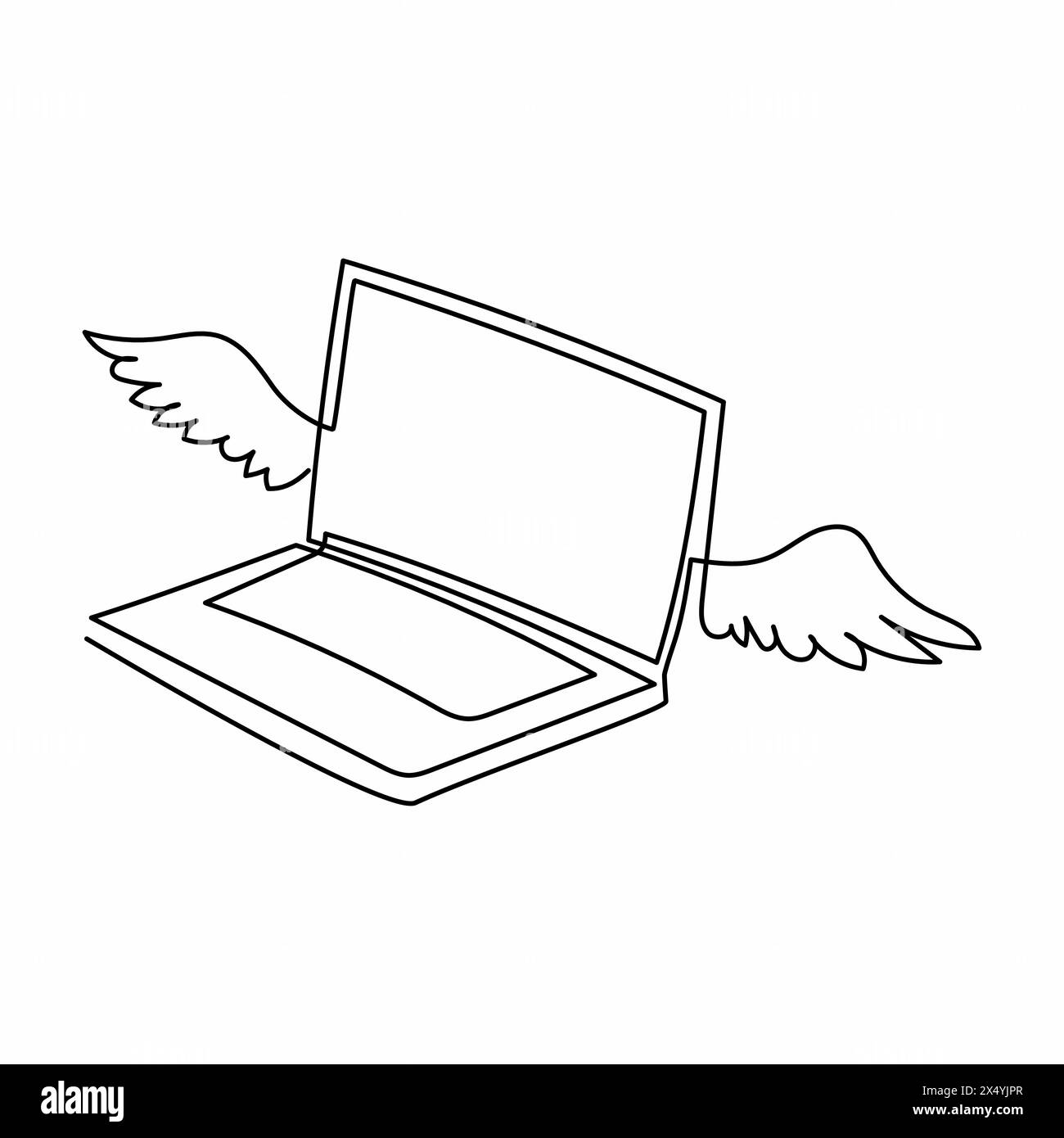 Continuous one line drawing flying laptop with wings. Winged laptop ...