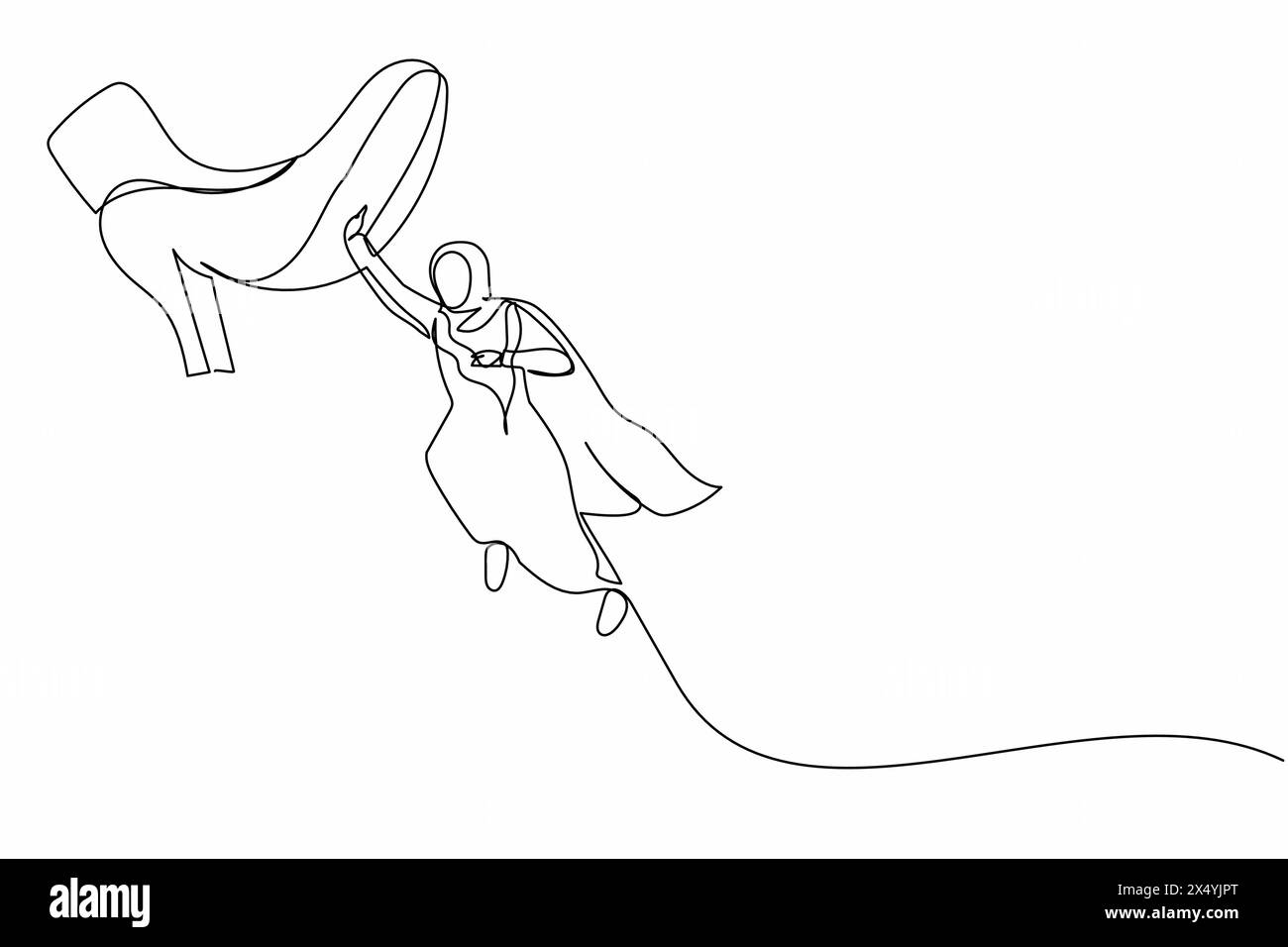 Continuous one line drawing brave Arab businesswoman flying with hero ...