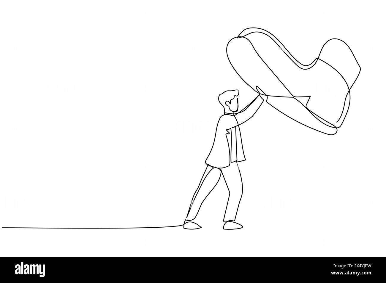 Single one line drawing young businessman against giant shoes stomping ...