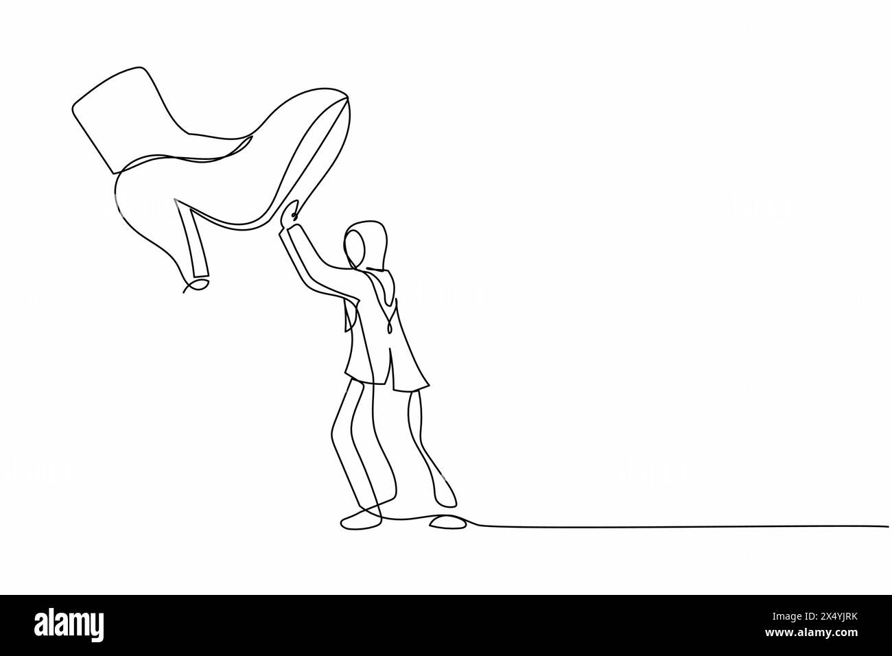 Single one line drawing young Arab businesswoman against giant shoes ...