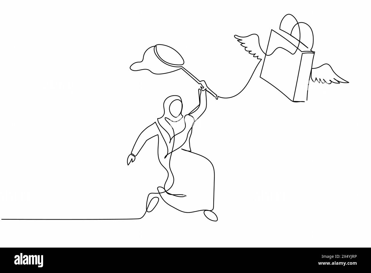 Single continuous line drawing Arab businesswoman try to catching ...