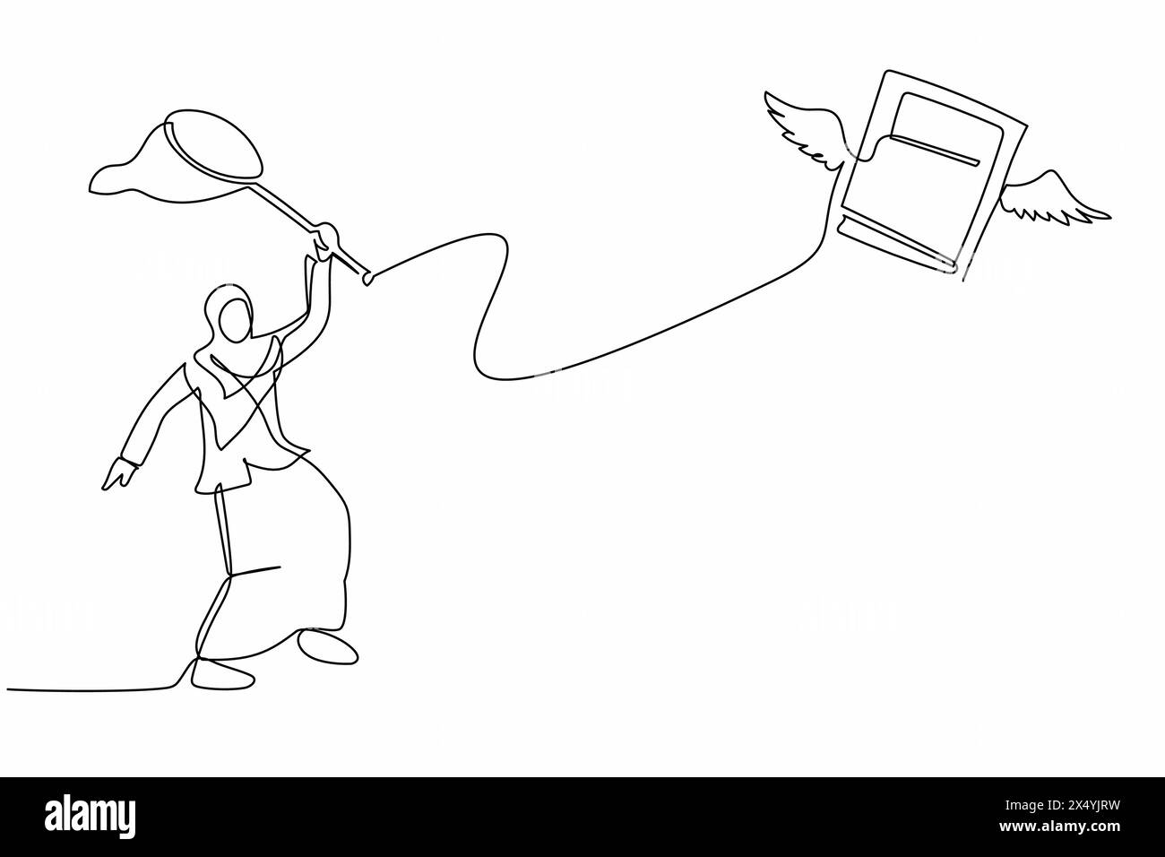 Single one line drawing Arabian businesswoman try to catching flying ...