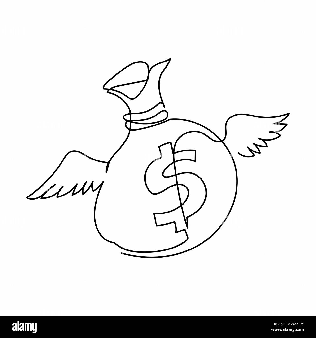 Single continuous line drawing flying money bag with wings. Bag with ...