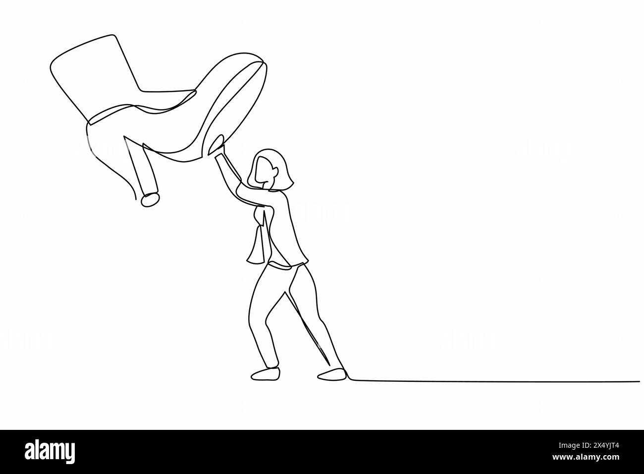 Continuous one line drawing brave businesswoman against giant shoes ...