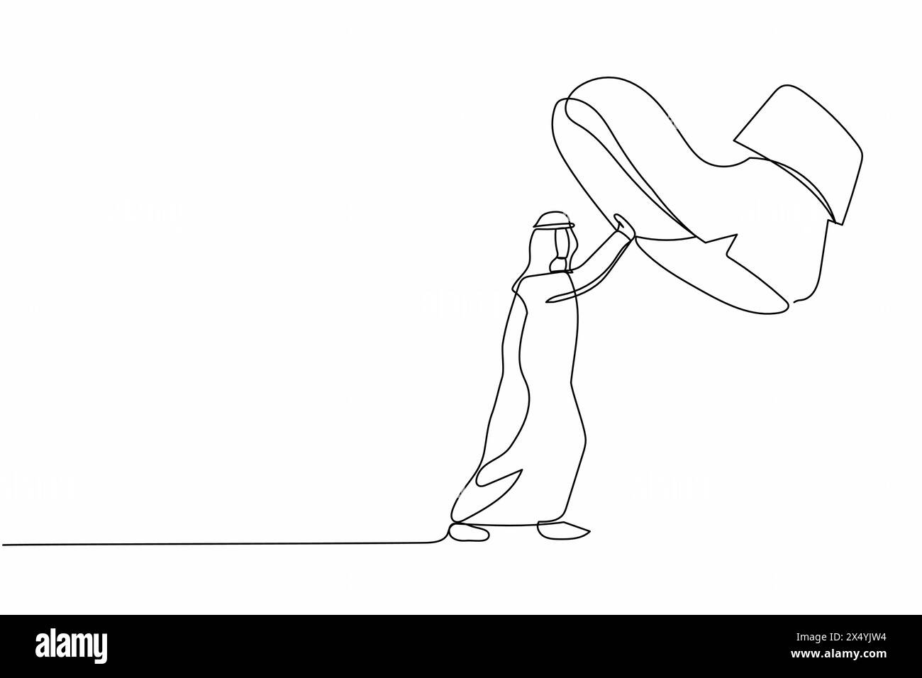Continuous one line drawing brave Arabian businessman against giant ...