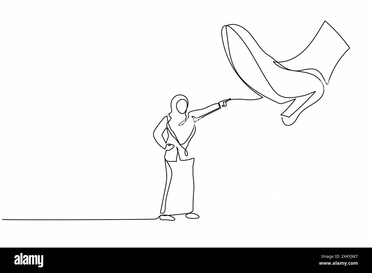 Single one line drawing Arab businesswoman facing against giant shoes ...