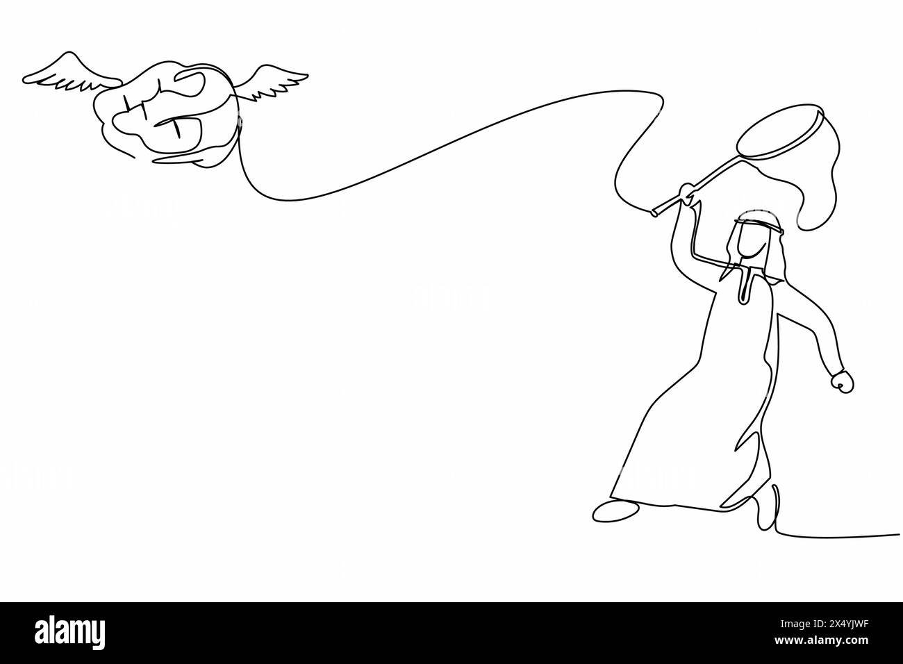 Continuous one line drawing Arabian businessman try to catching flying ...