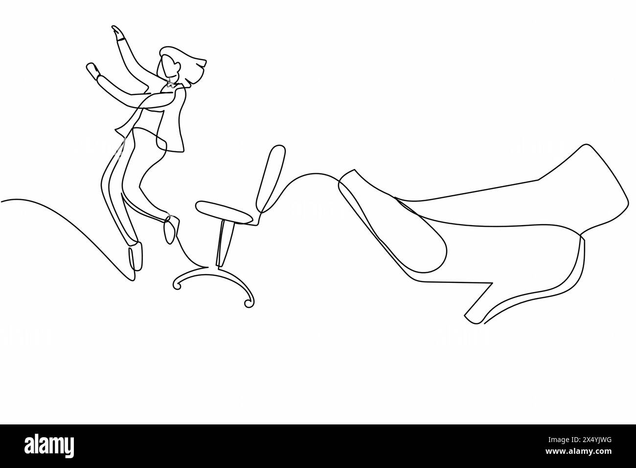 Single one line drawing young small businesswoman kicked out by big ...