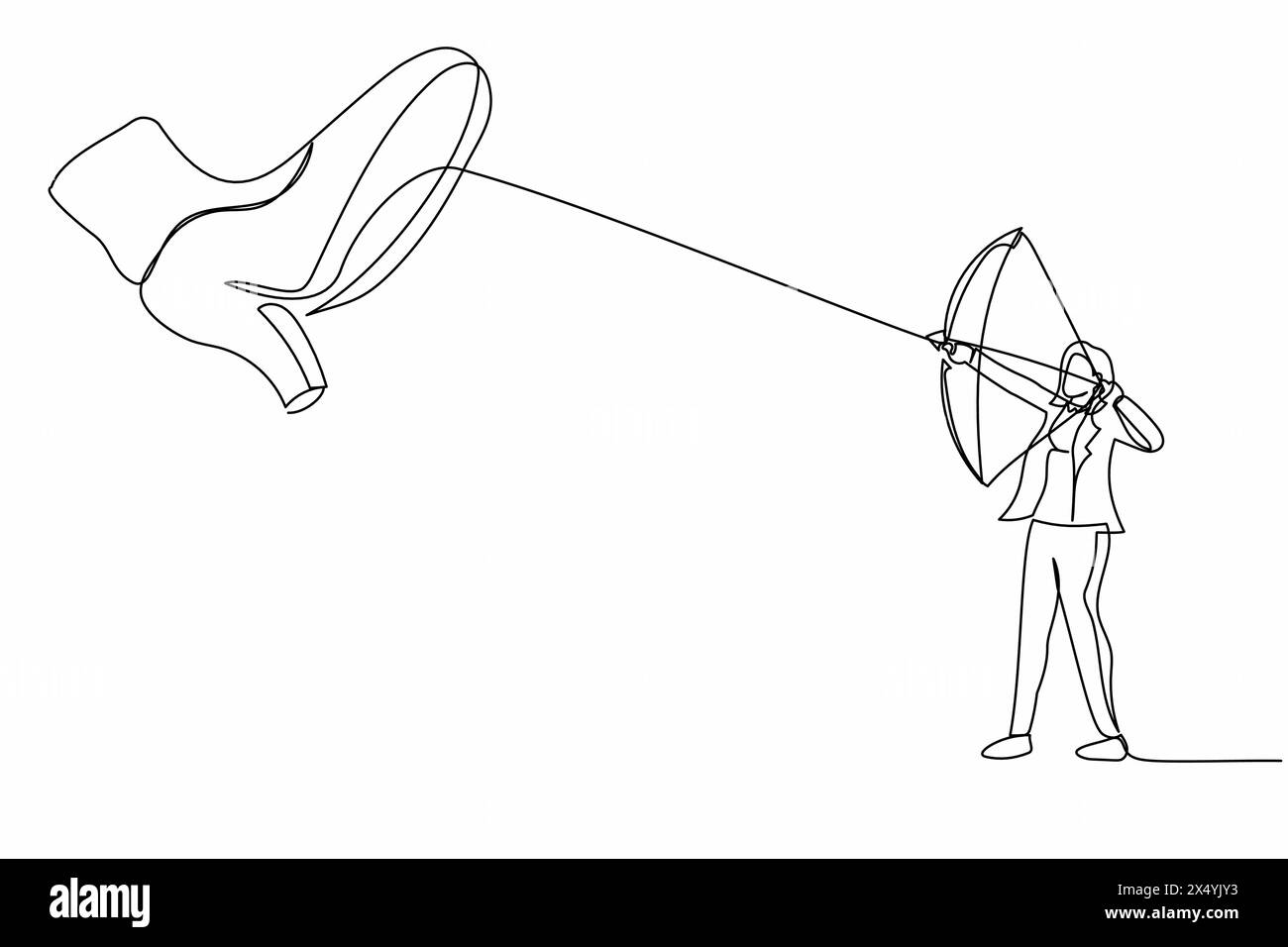 Continuous one line drawing brave businesswoman aiming bow against ...