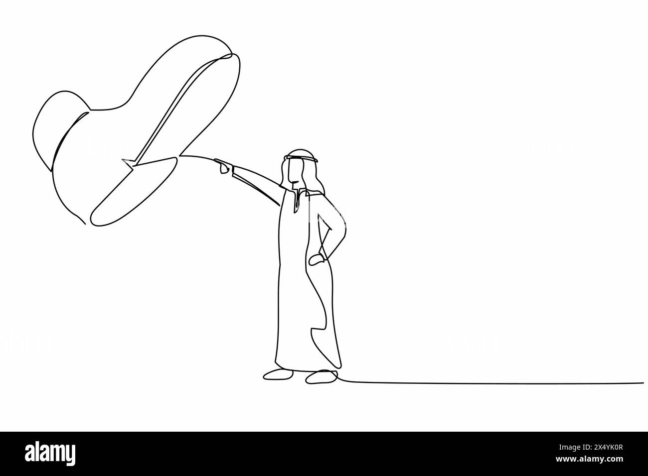 Continuous one line drawing brave Arab businessman facing against giant ...