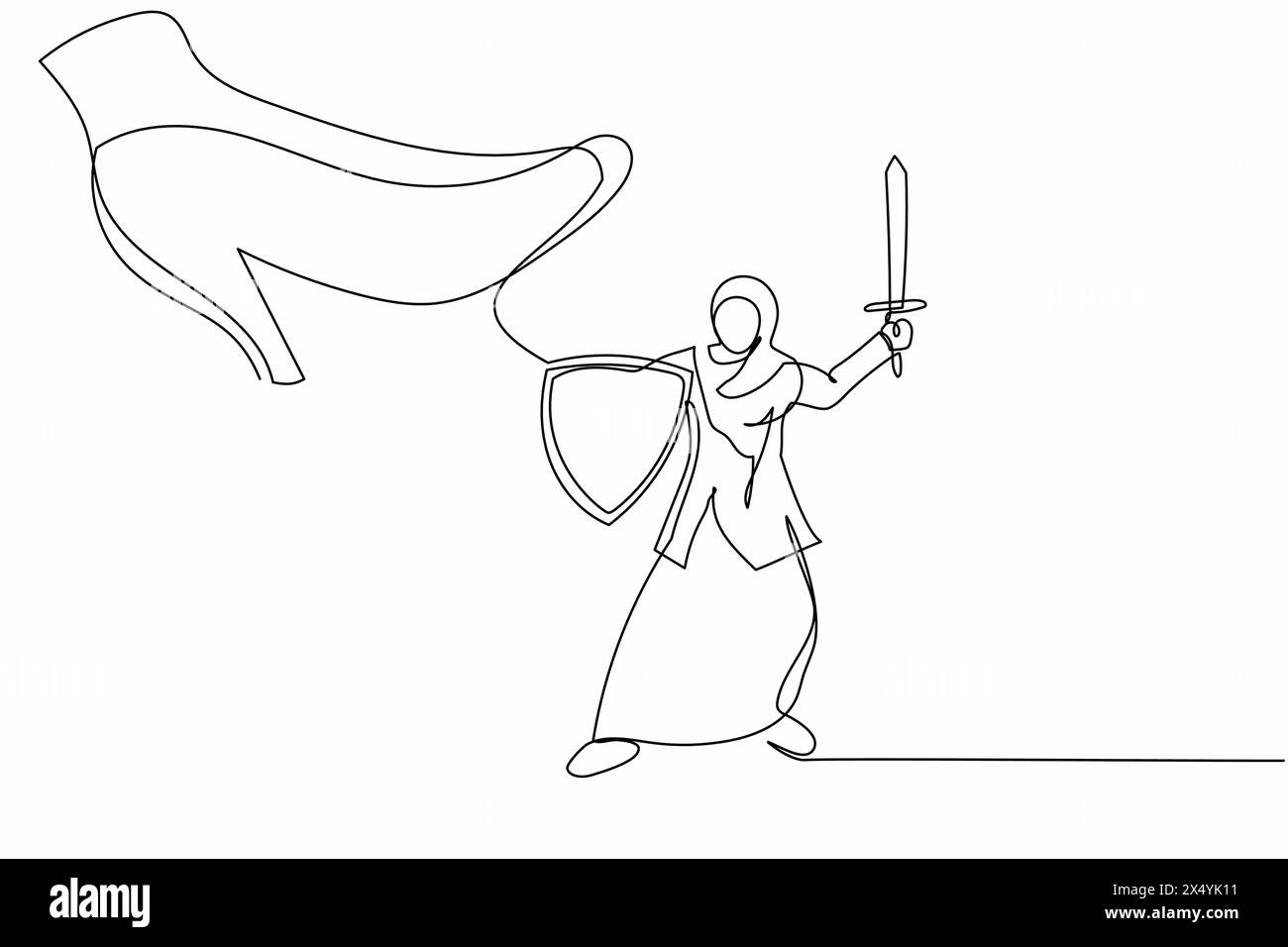 Single one line drawing Arabian businesswoman fight to giant foot with ...