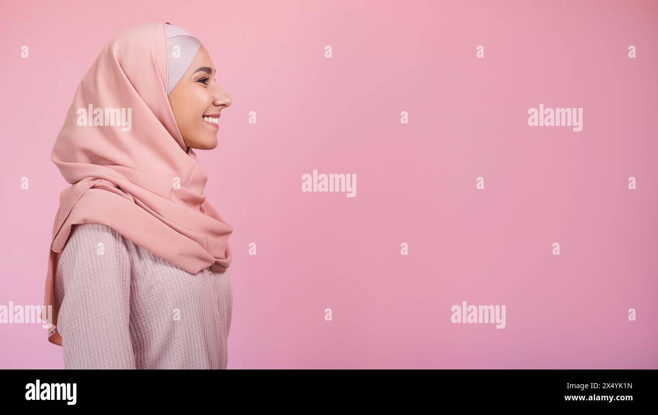 Happy woman. Modest beauty. Positive emotion. Side view portrait of ...