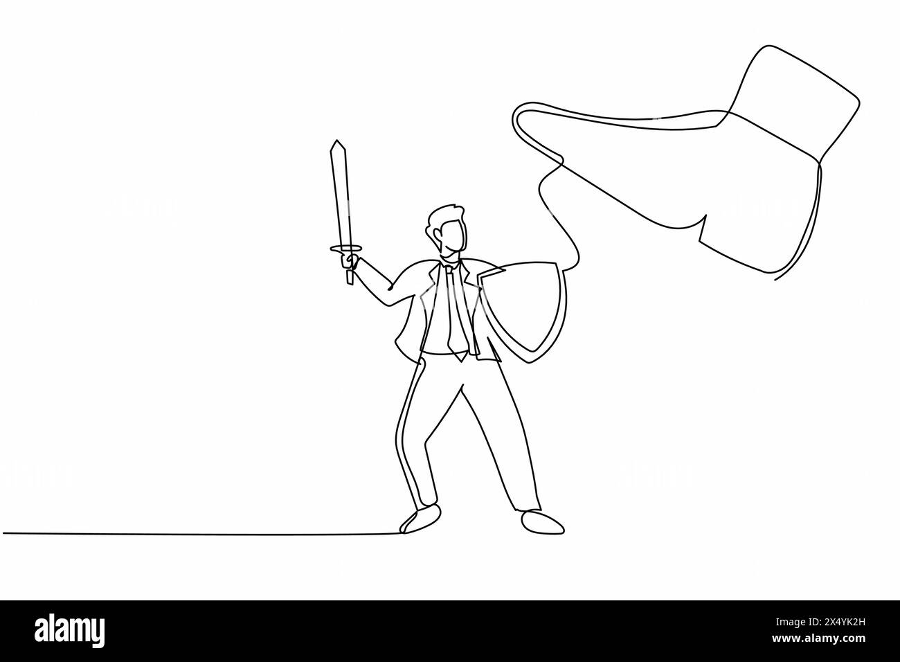 Single continuous line drawing active businessman fight to giant foot ...