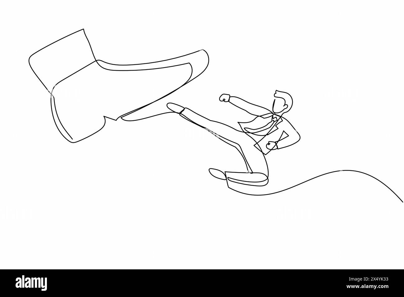 Single continuous line drawing brave businessman kick giant foot stomp ...
