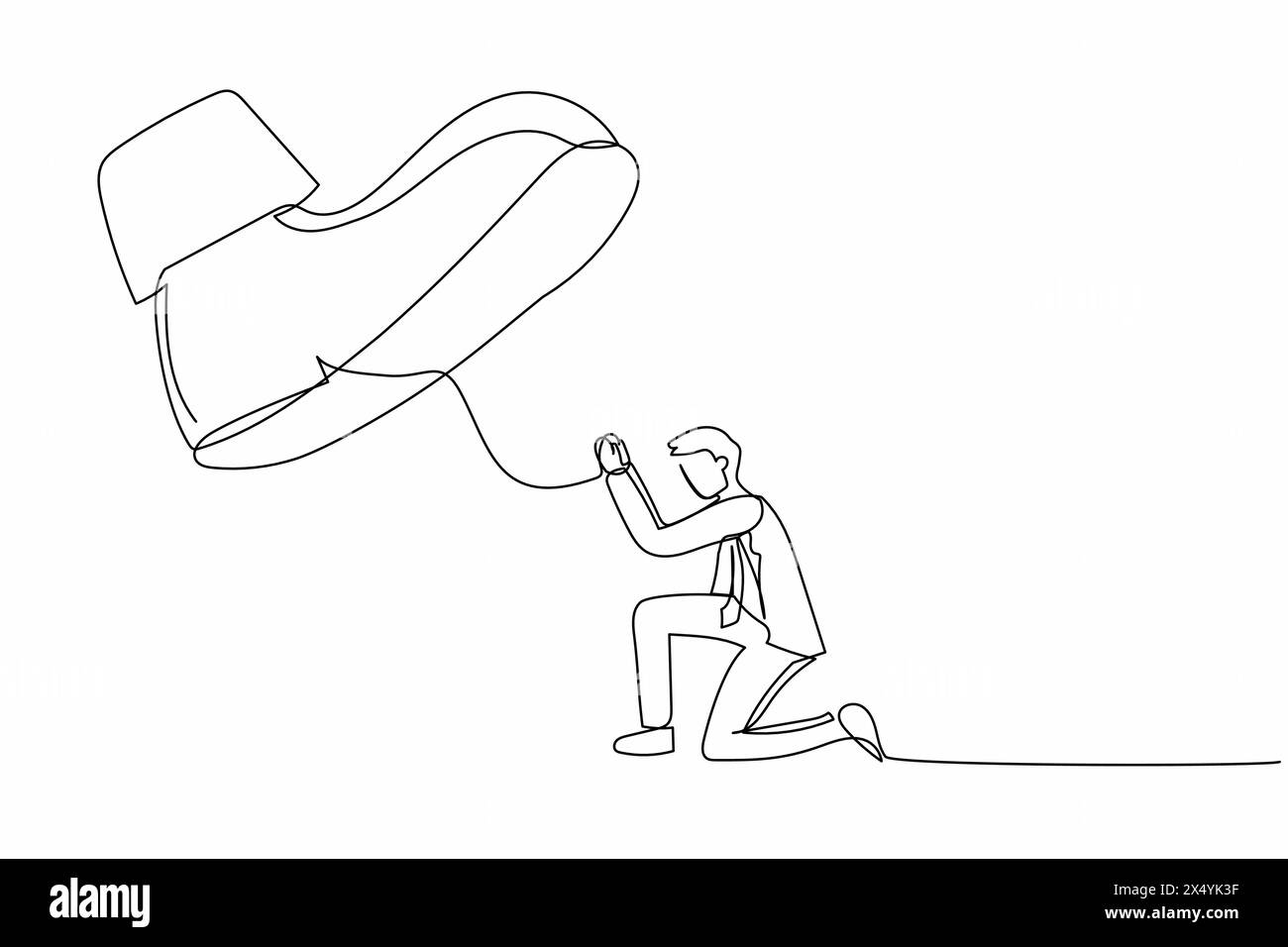Continuous one line drawing businessman kneel down under big foot. Male ...