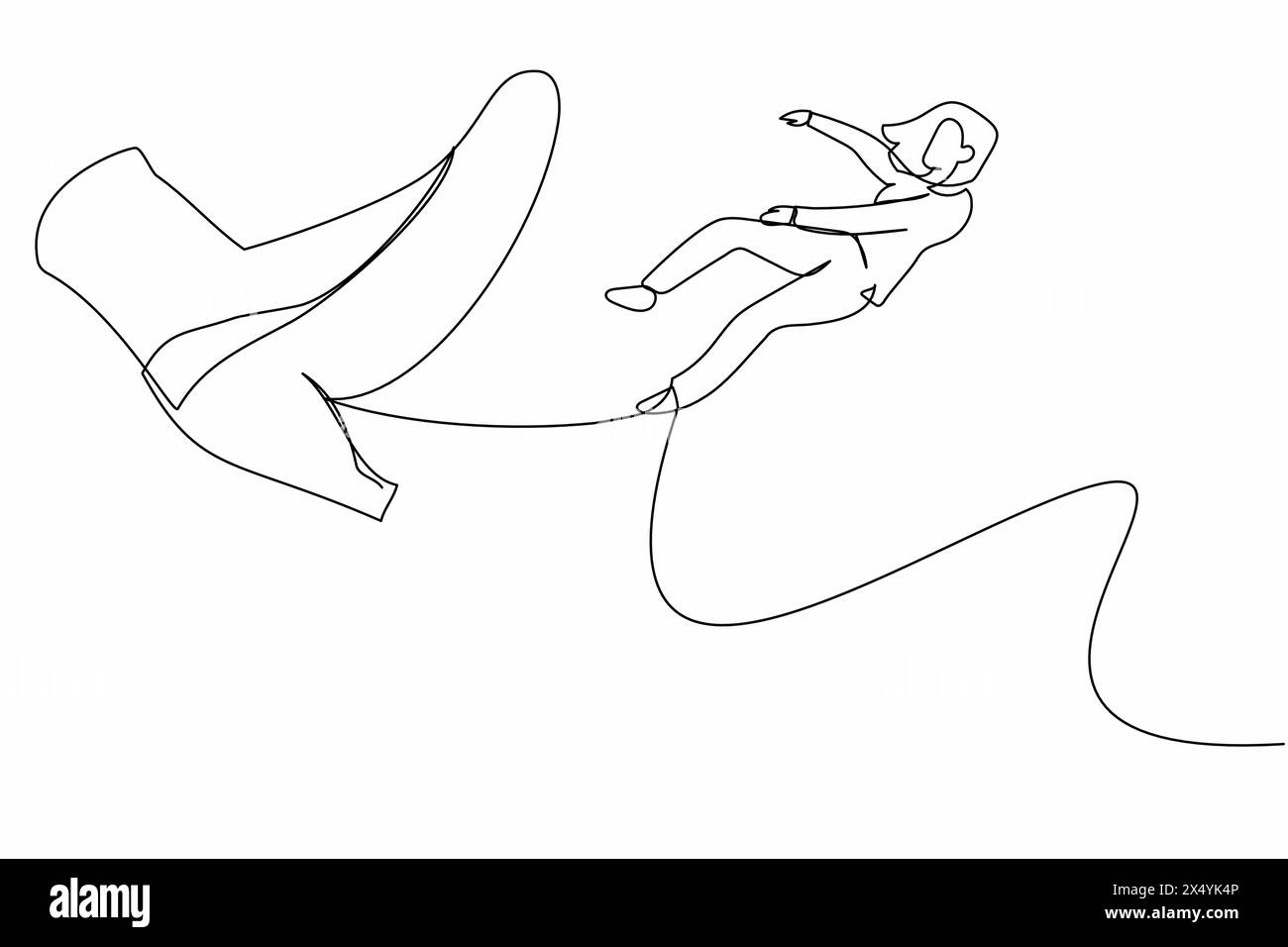 Single continuous line drawing failed businesswoman big foot kicking ...