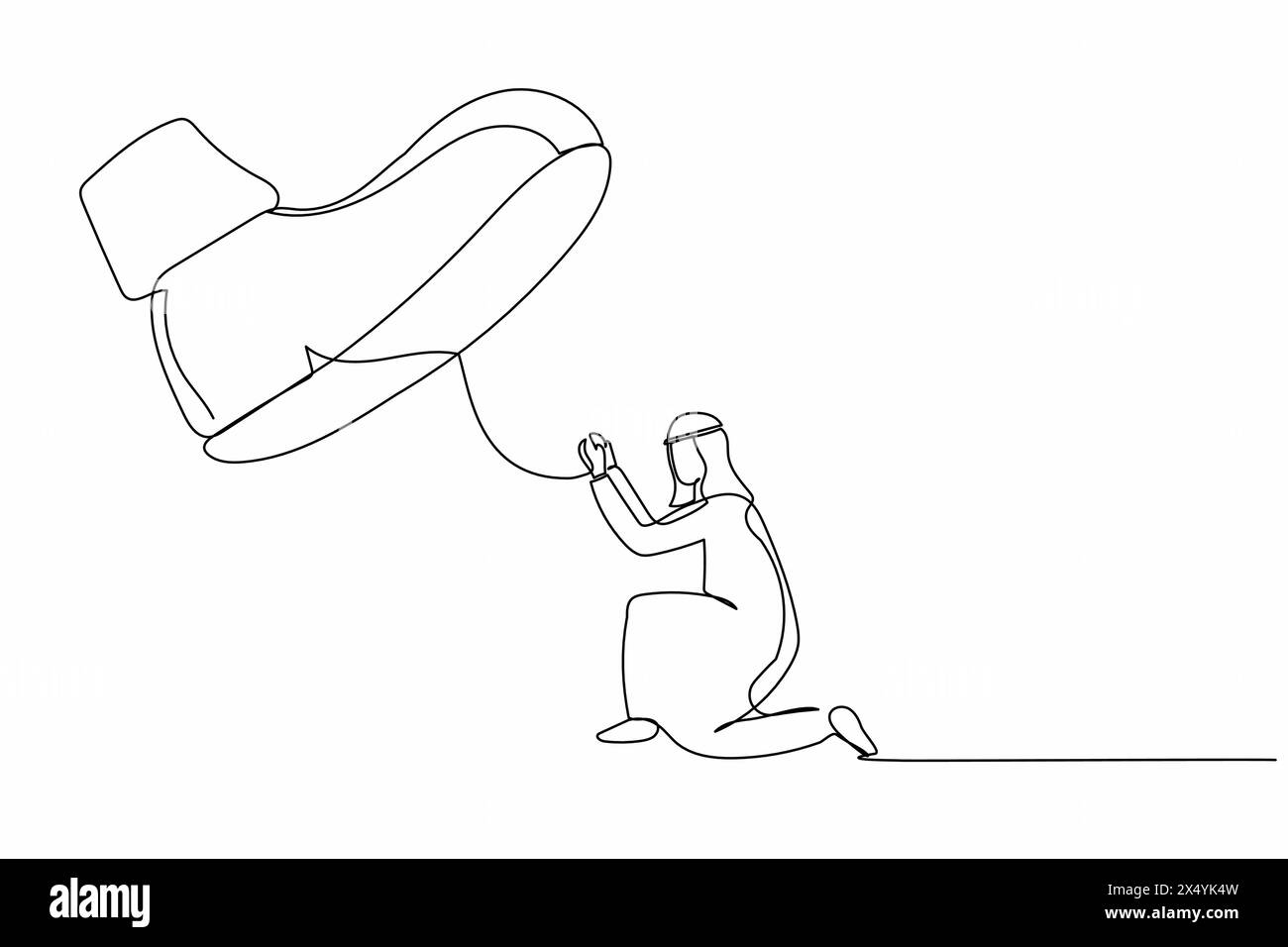 Single continuous line drawing active Arab businessman kneel down under ...