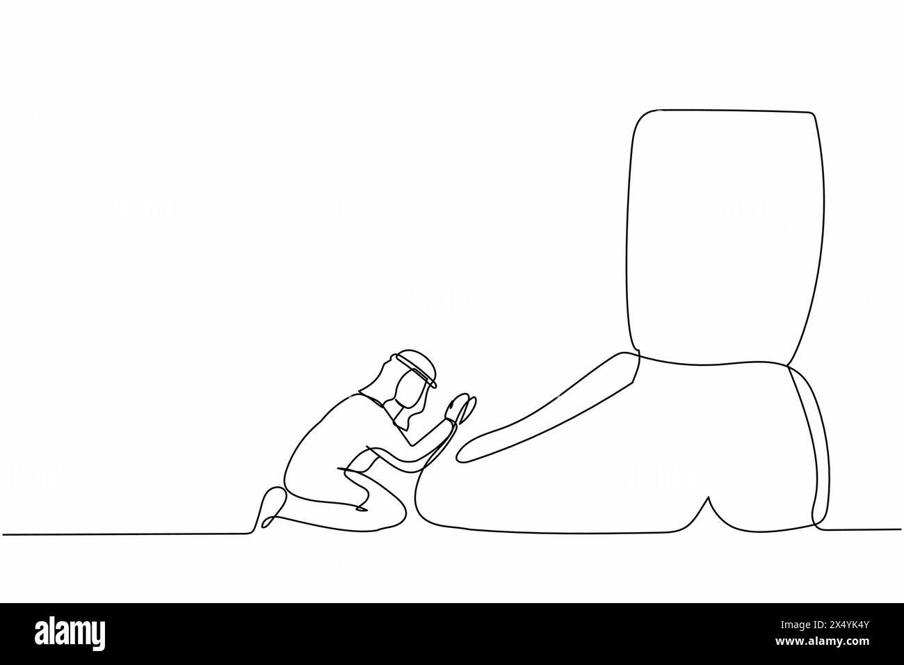 Continuous one line drawing failed Arabian businessman kneeling a giant ...