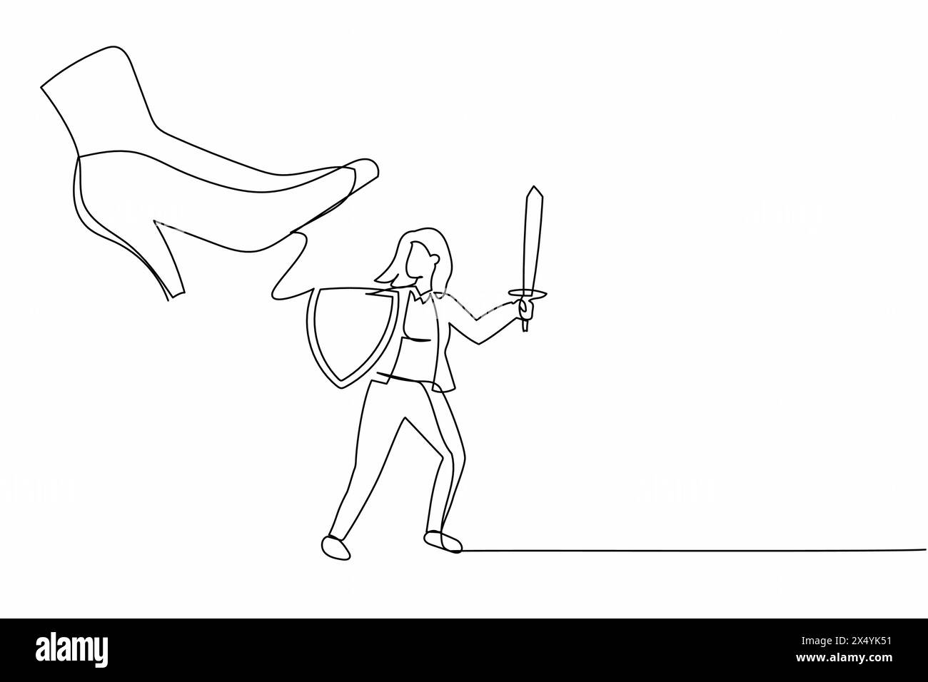 Single one line drawing young businesswoman fight to giant foot with ...