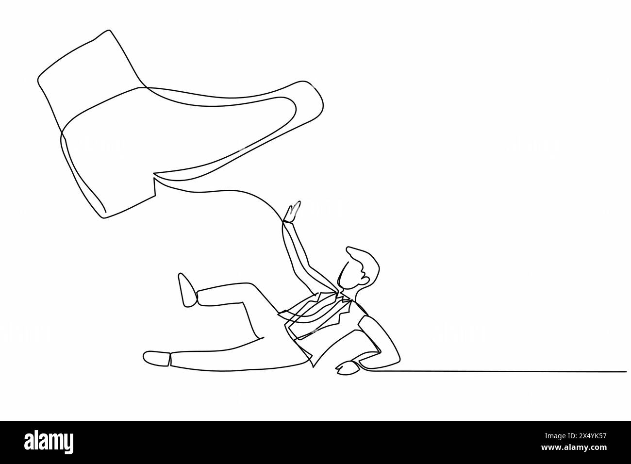 Single continuous line drawing small businessman under the giant foot ...