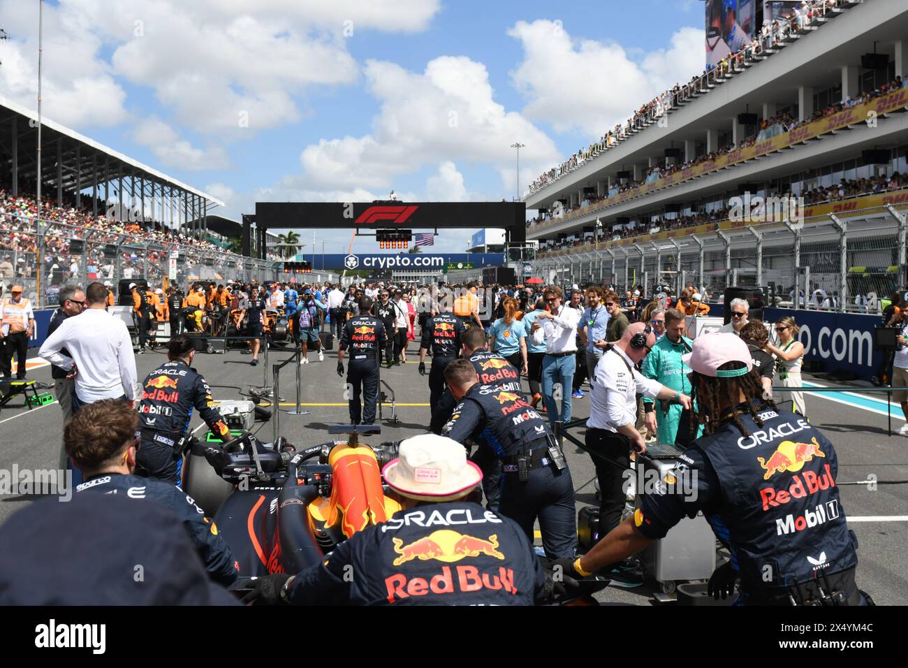 Miami, USA. 05th May, 2024. The Oracle Red Bull teams pushes the car of ...