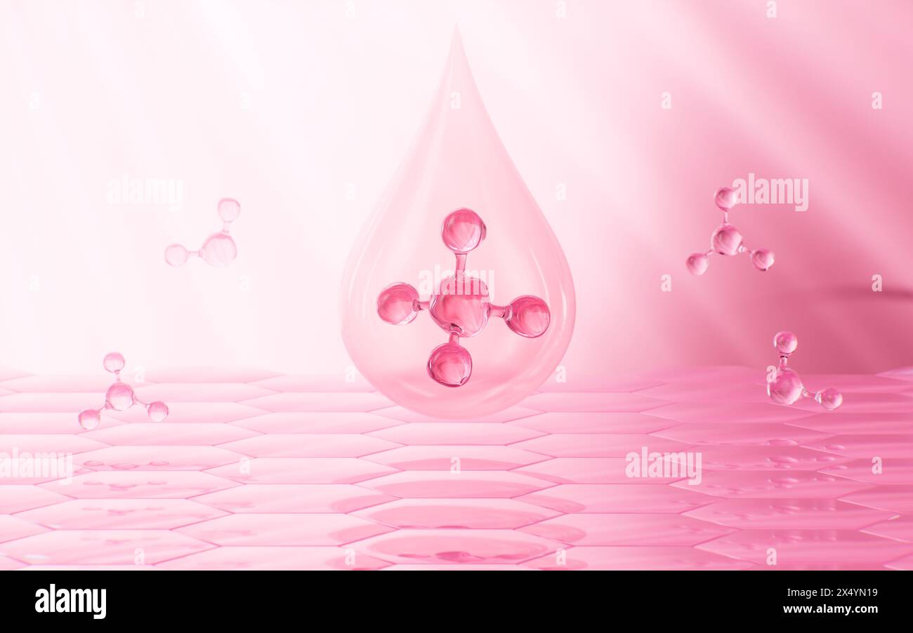 Pink molecules are on the skin tissue, skincare and biomedical concept ...