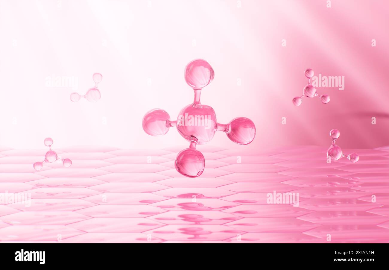 Pink molecules are on the skin tissue, skincare and biomedical concept ...