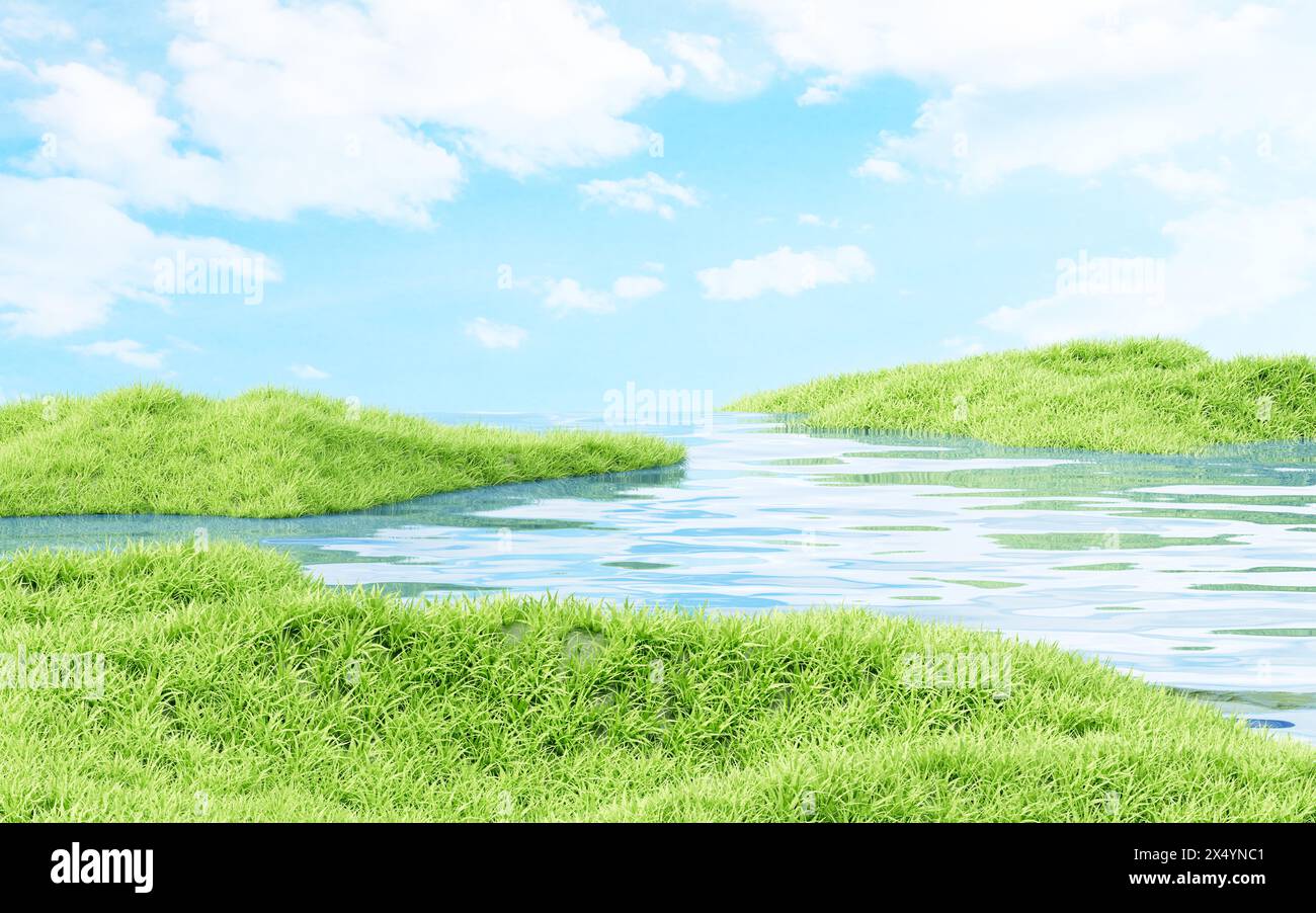 Outdoor grass and water surface products display background, 3d ...