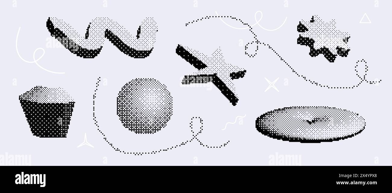 Bitmap pixelated shape set. Dither halftone geometric object collection ...
