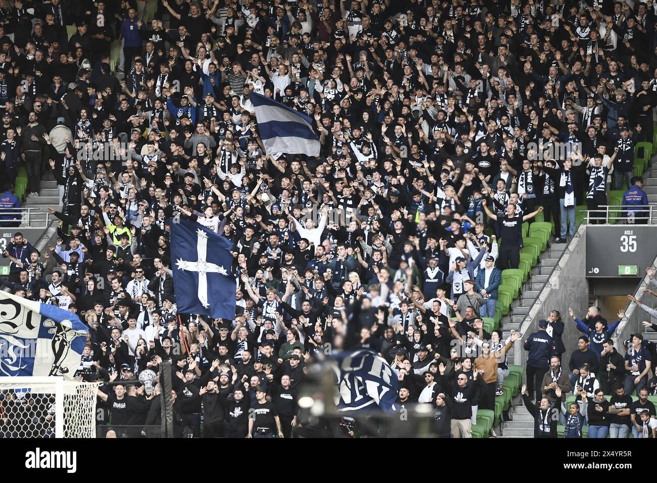 MELBOURNE, AUSTRALIA. 5 May, 2024. Pictured: Melbourne Victory fans chanting at the A Leagues ...