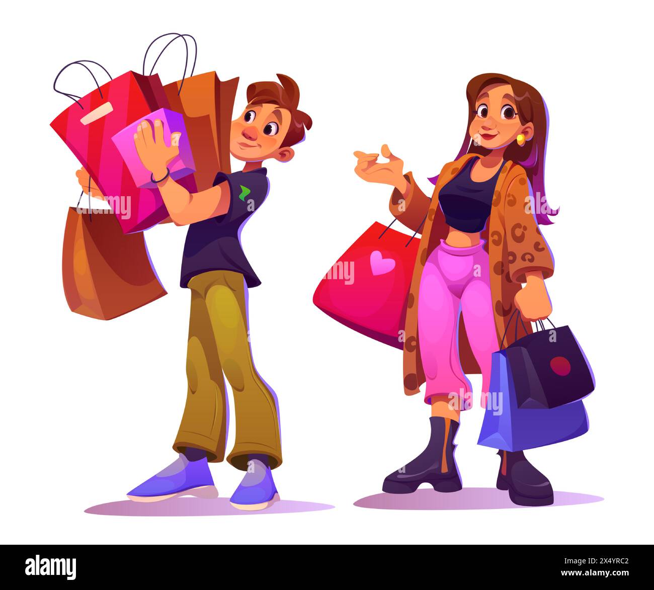 Buyer character after shopping in mall. Happy woman shopper with ...