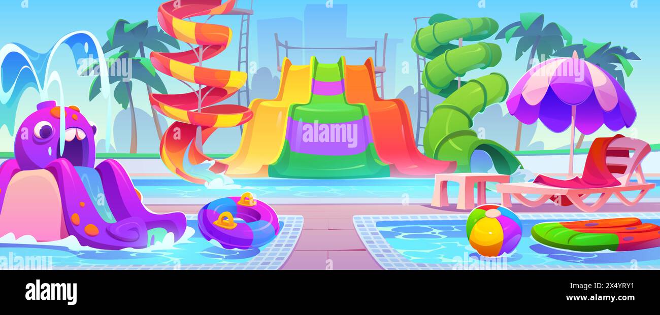 Summer Waterpark With Water Pools And Slides Cartoon Vector