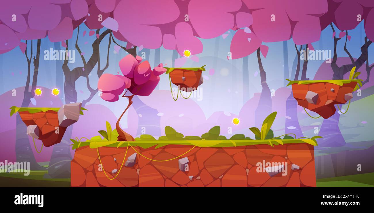 Pink forest game background with floating platforms. Vector cartoon ...