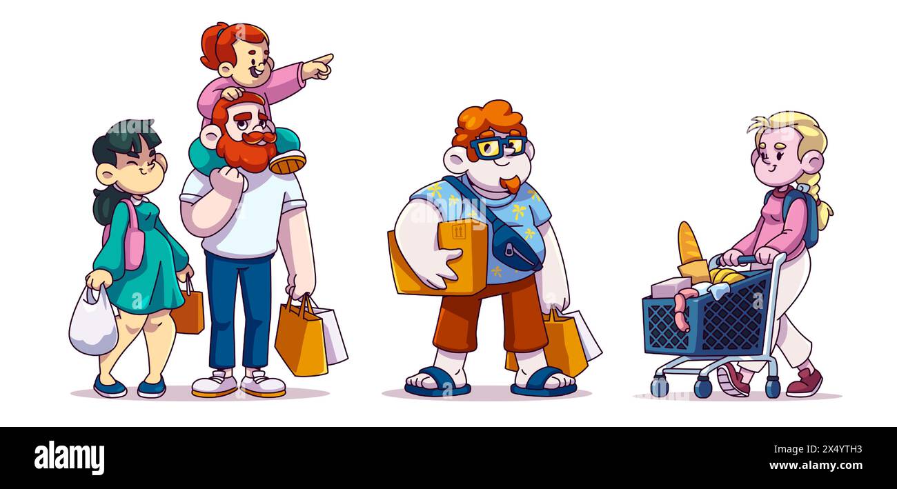 People store buyers with shopping bags and wheel cart. Cartoon vector ...