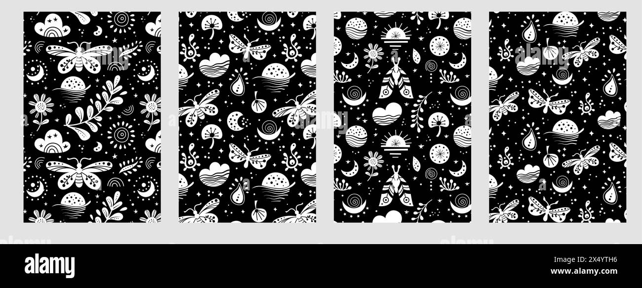 Seamless neo folk pattern with butterfly, moth and flowers, black and ...